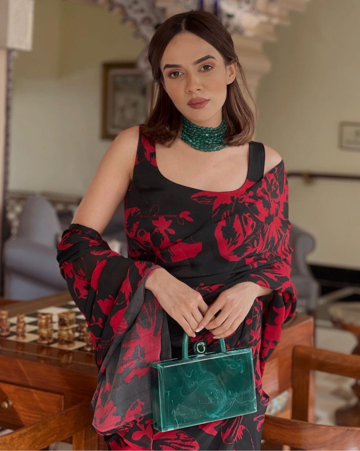 Komal Pandey with Emerald Green Horizontal – Oceana Clutches